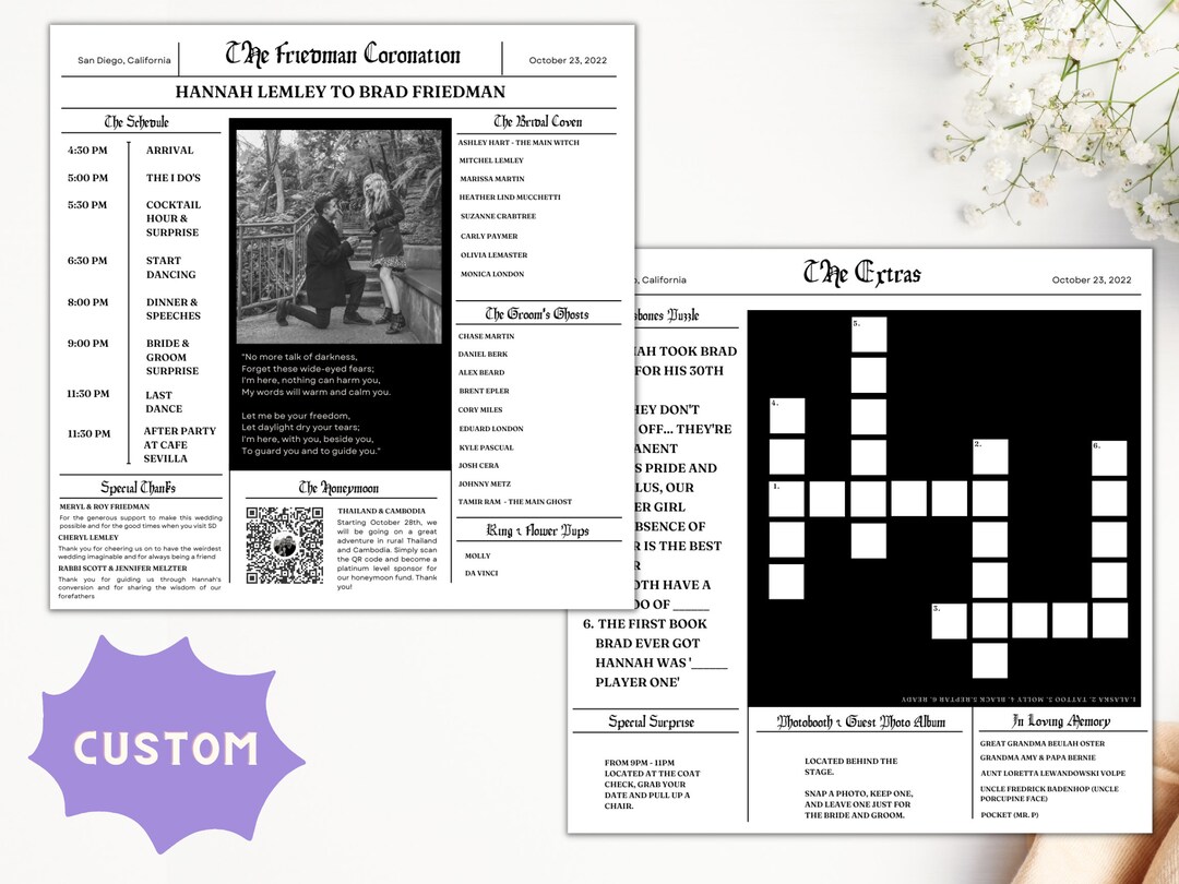 Custom Gothic Newspaper Wedding Program (printable, Unique, Itinerary ...
