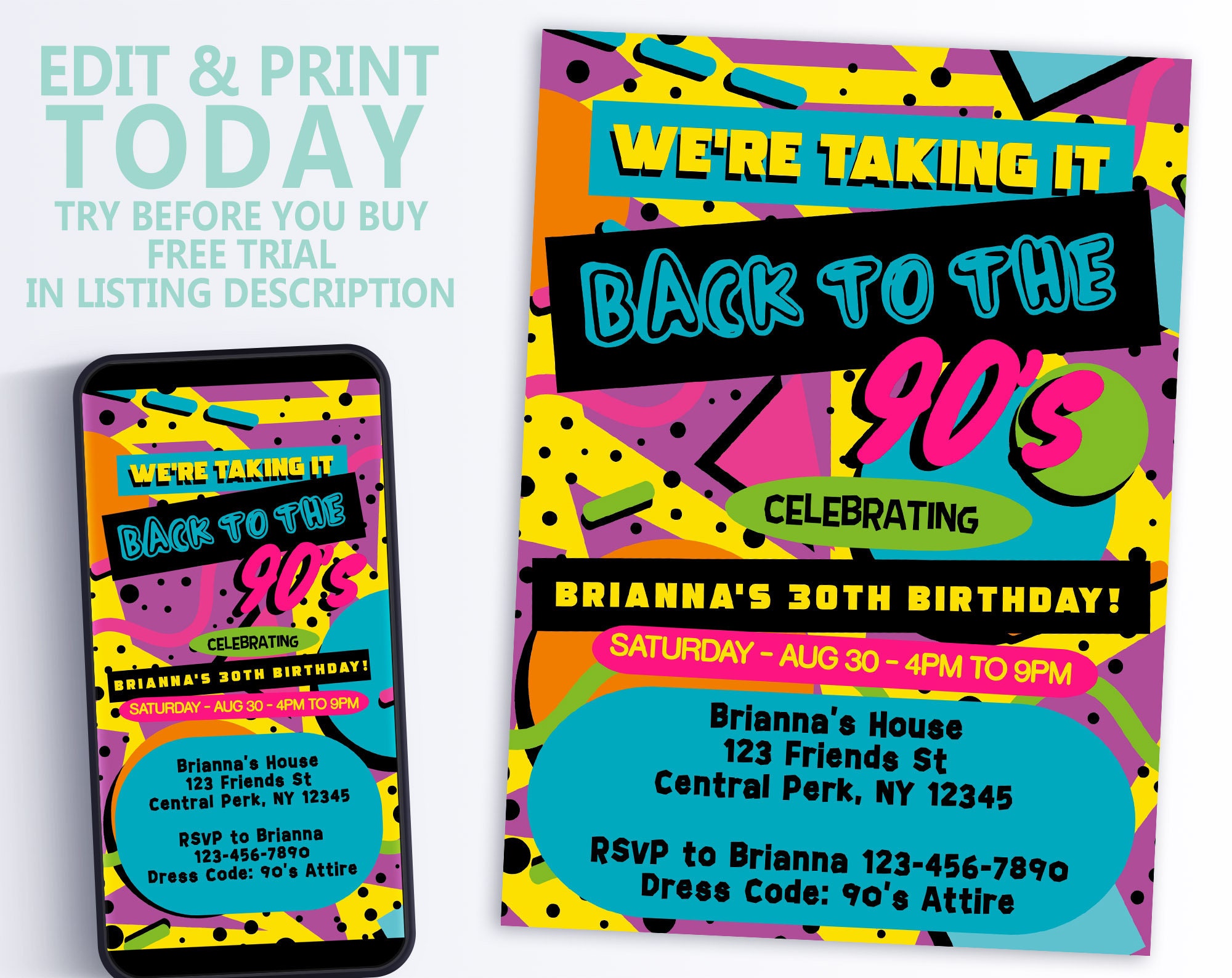 EDITABLE 90's Theme Birthday Party Invitation Instant Download Image ...