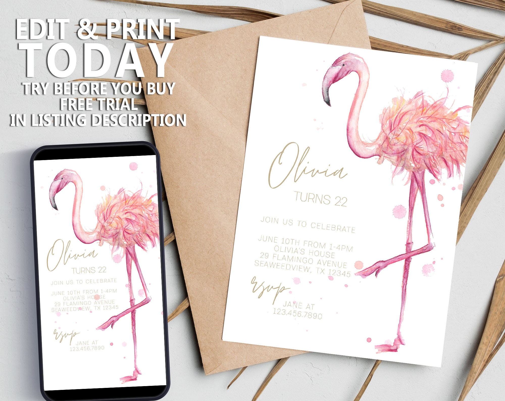 EDITABLE Pink Flamingo Party Invitation Instant Download Image ...