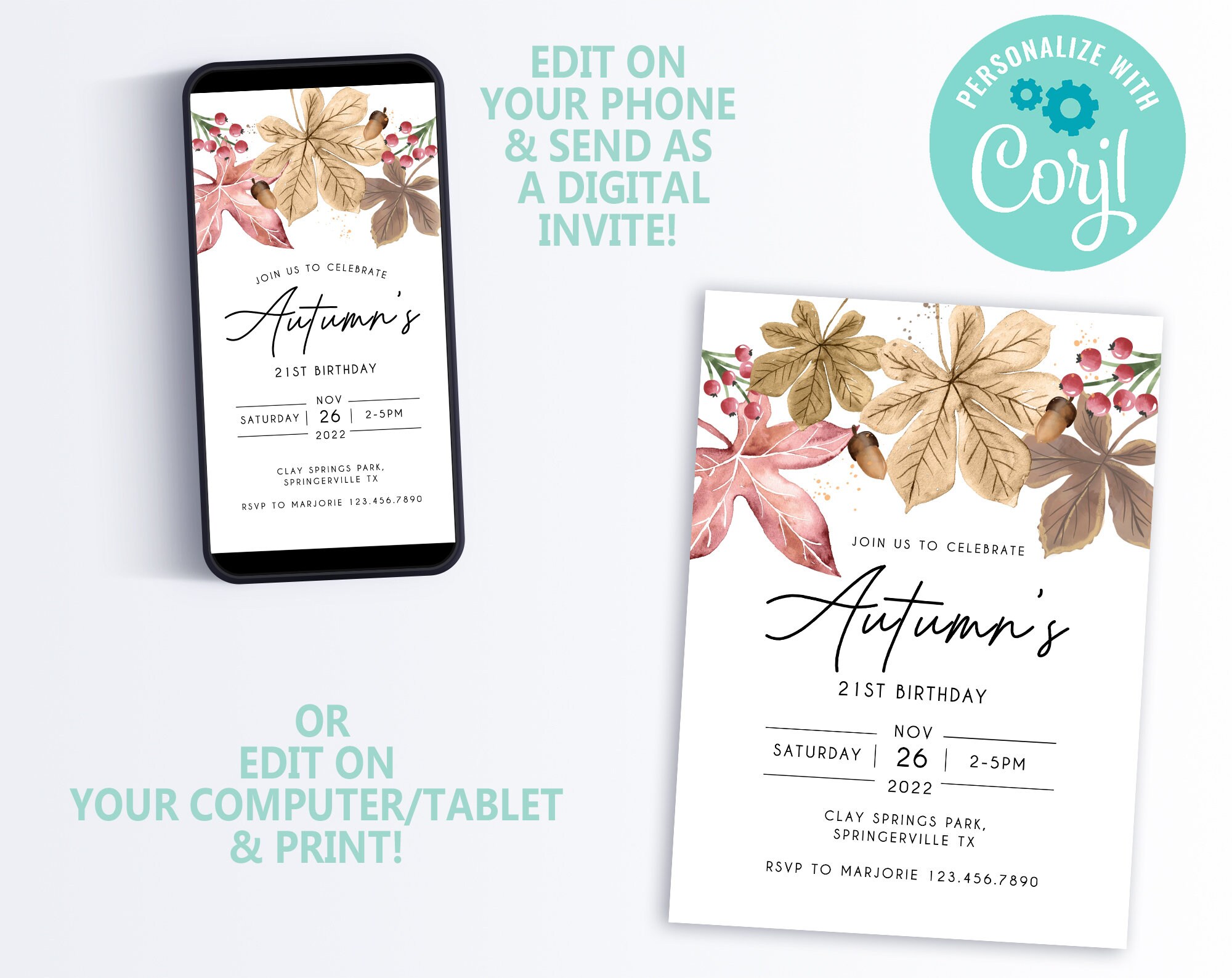 EDITABLE Autumn Leaves Fall Birthday Party Invitation Instant Download ...