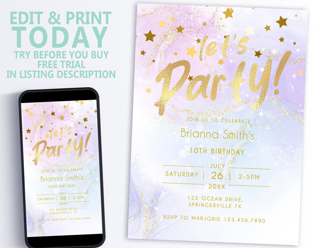 EDITABLE Gold Watercolor Pastel Let's Party Invitation Instant Download ...