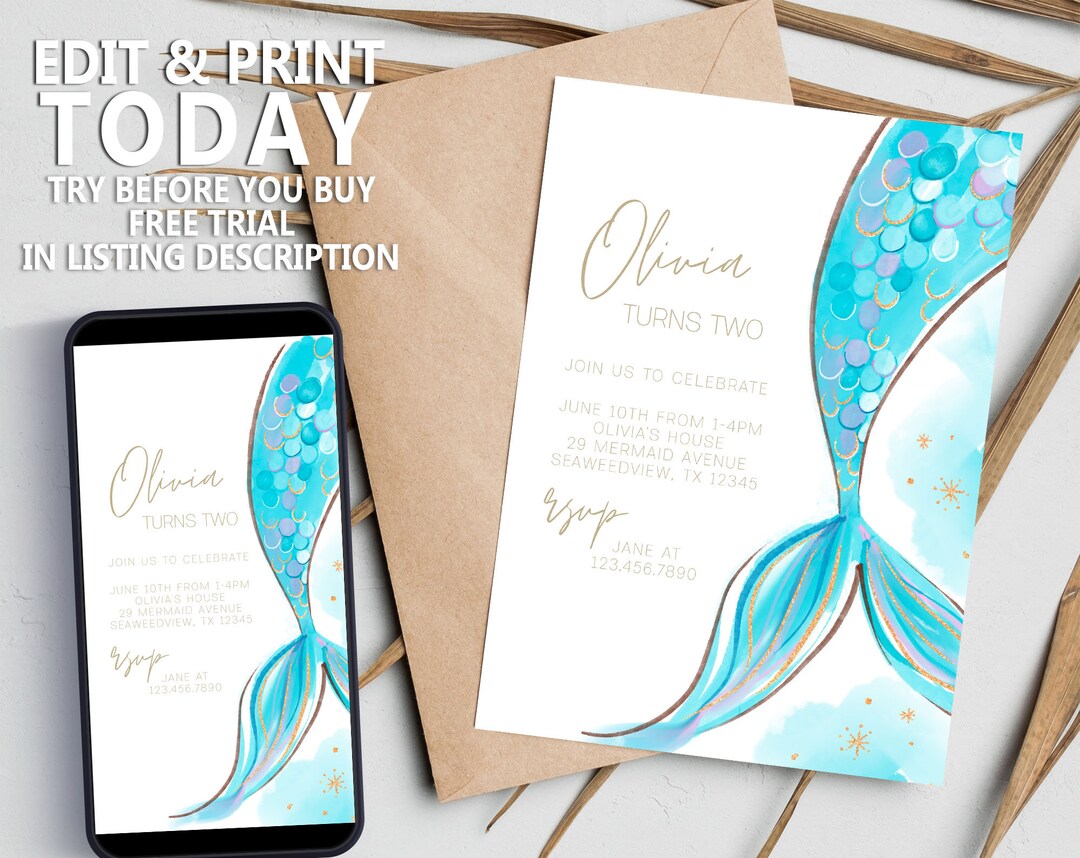 EDITABLE Blue Mermaid Tail Invitation Birthday Party Instant Download ...