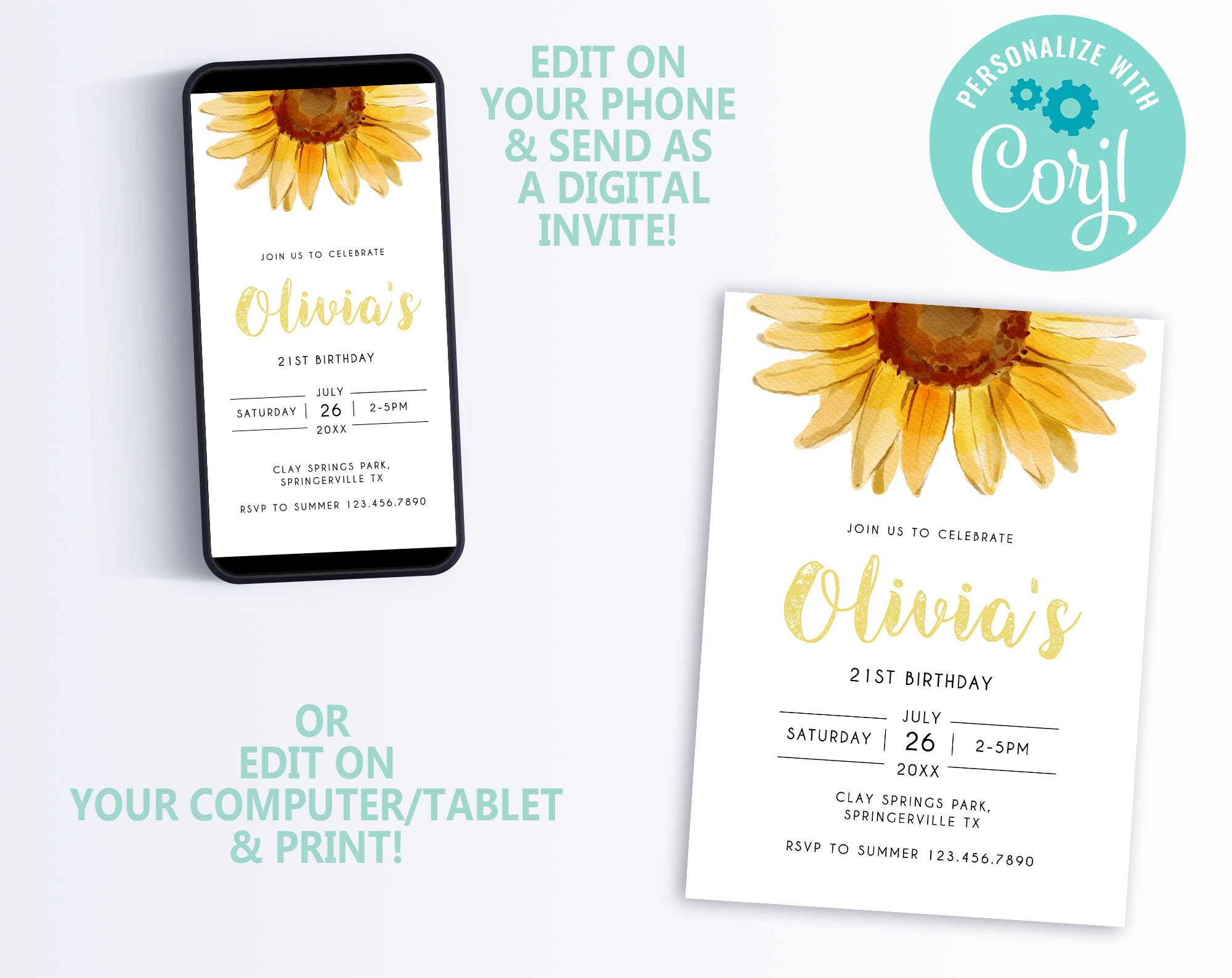 EDITABLE Sunflower Party Invitation Instant Download Image Printable E ...