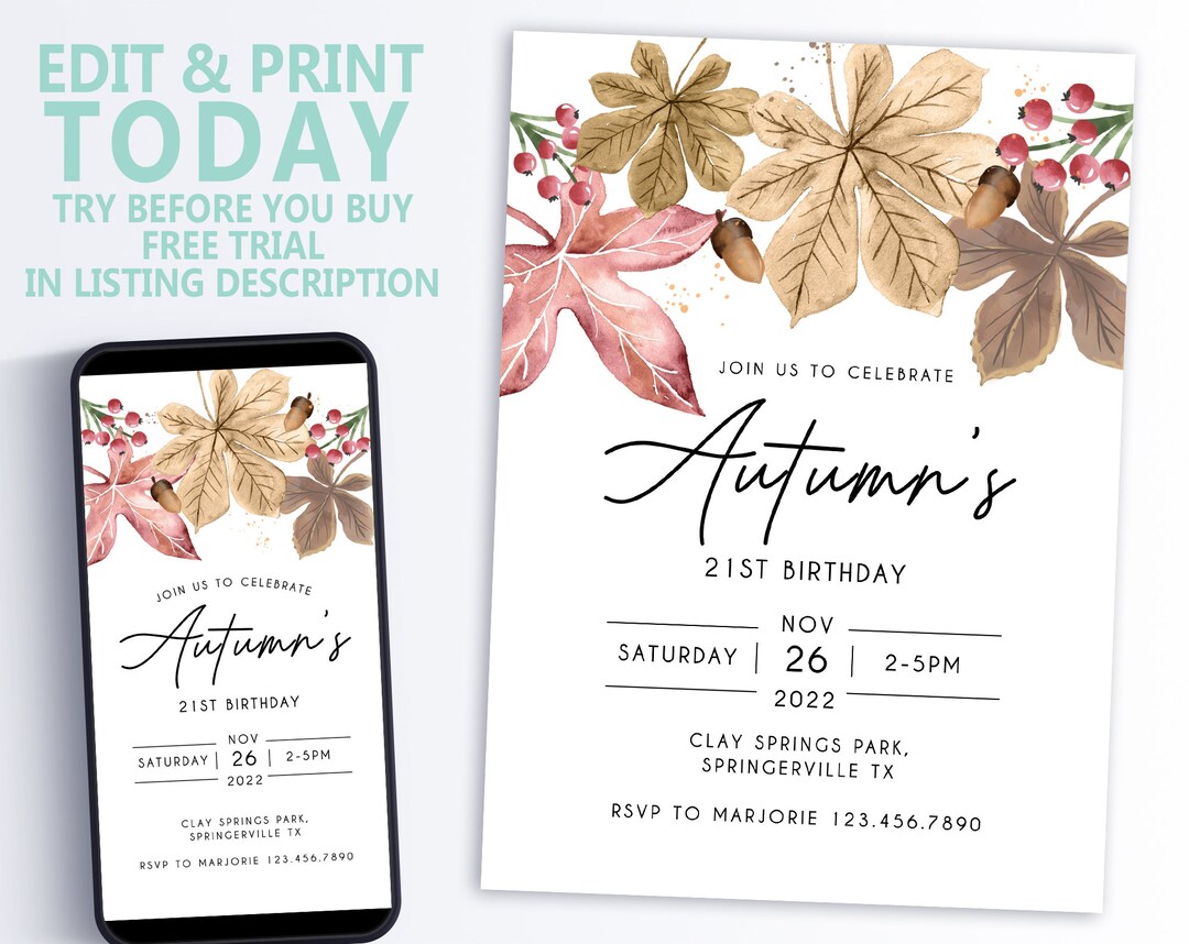EDITABLE Autumn Leaves Fall Birthday Party Invitation Instant Download ...