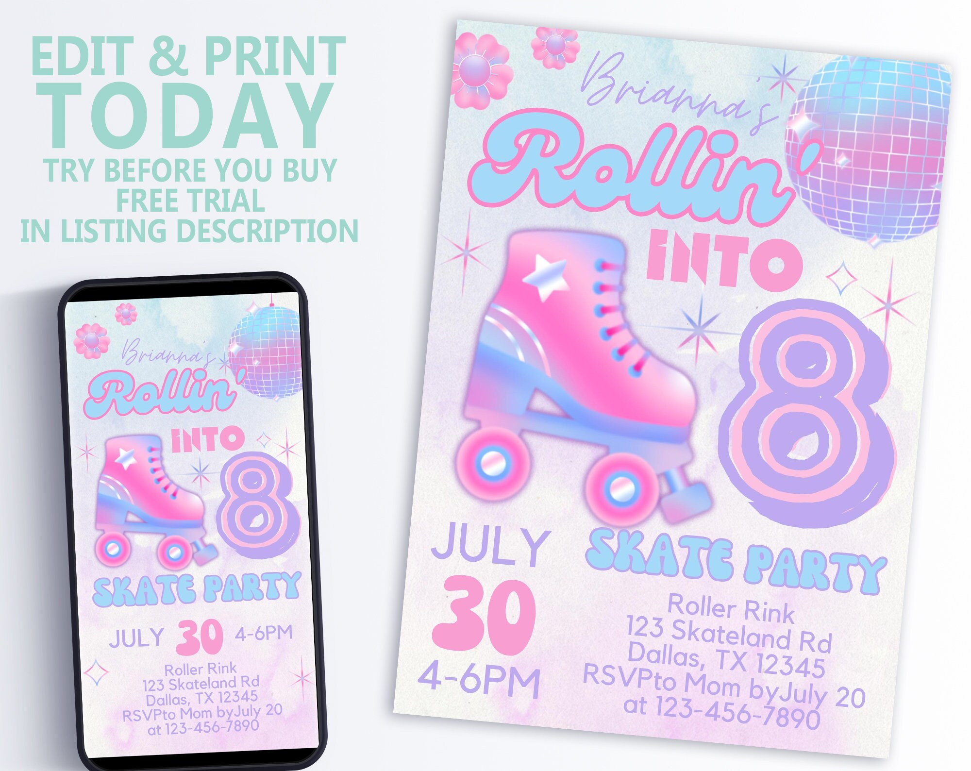 EDITABLE Pastel Skate Party Theme Birthday Party Invitation Instant ...