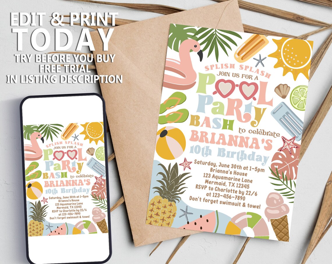 EDITABLE Pool Party Theme Birthday Party Invitation Instant Download ...