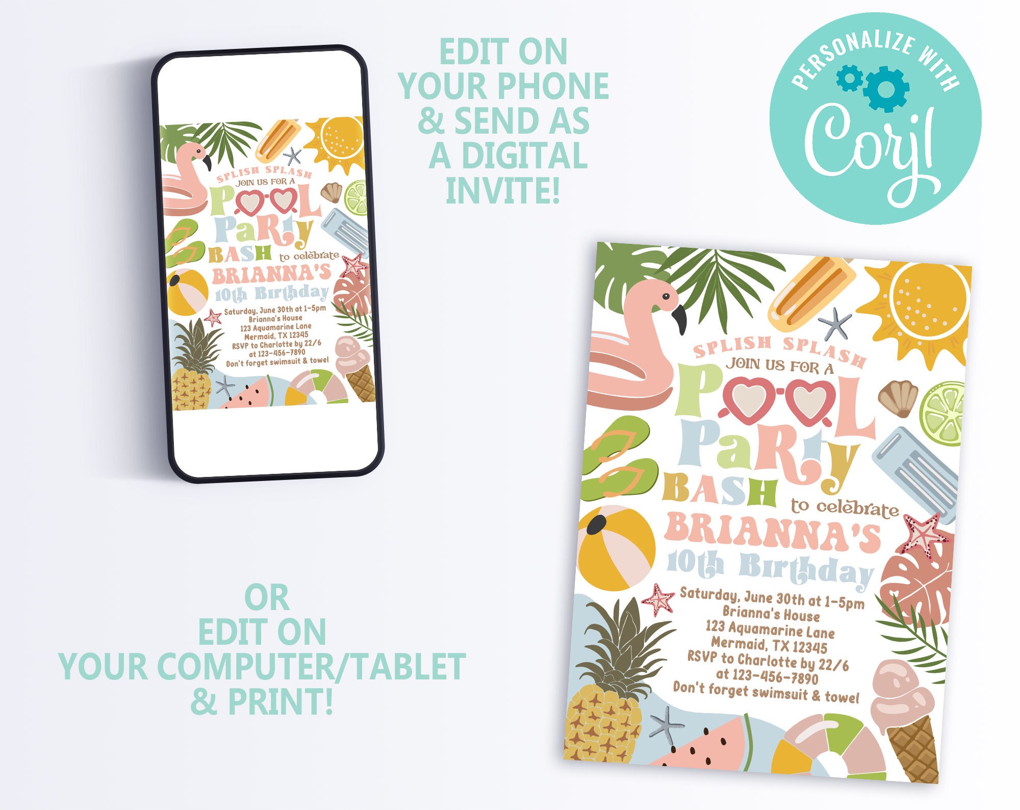 EDITABLE Pool Party Theme Birthday Party Invitation Instant Download ...