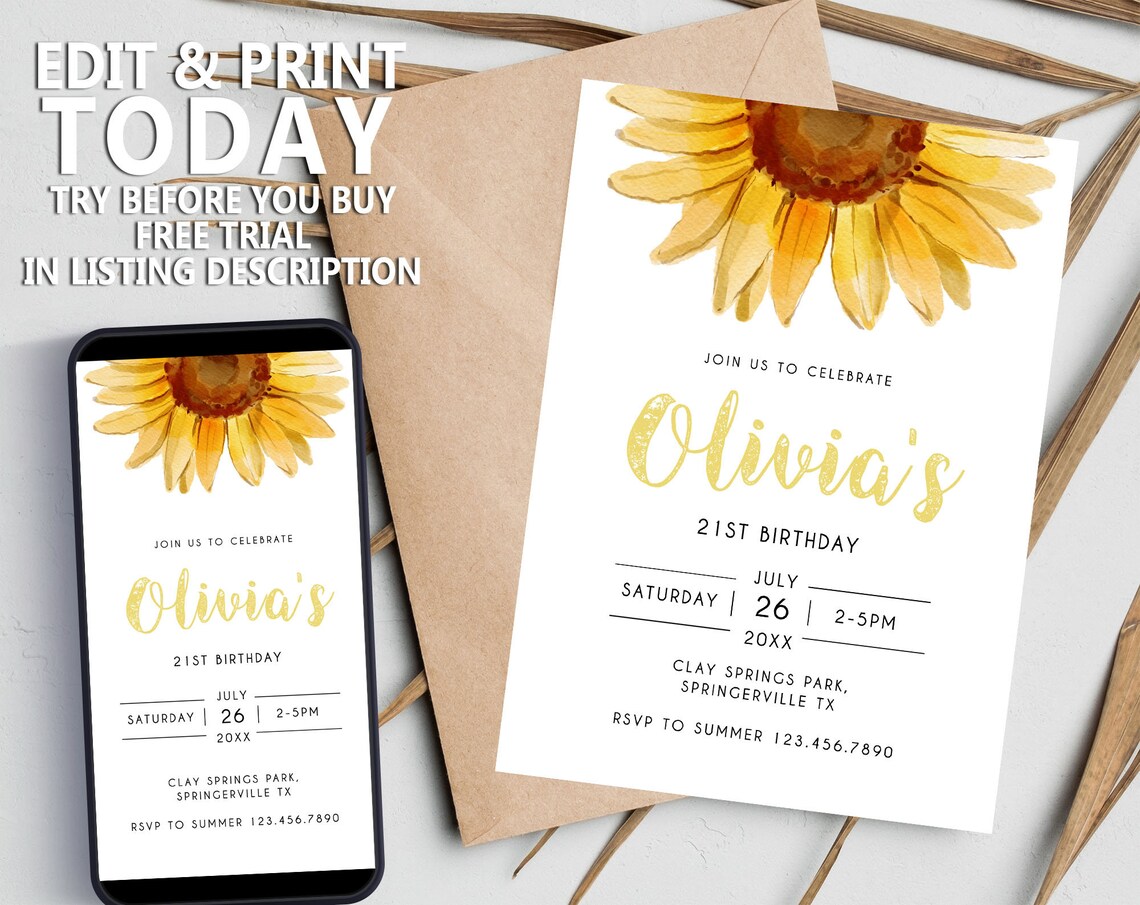 EDITABLE Sunflower Party Invitation Instant Download Image Printable E ...