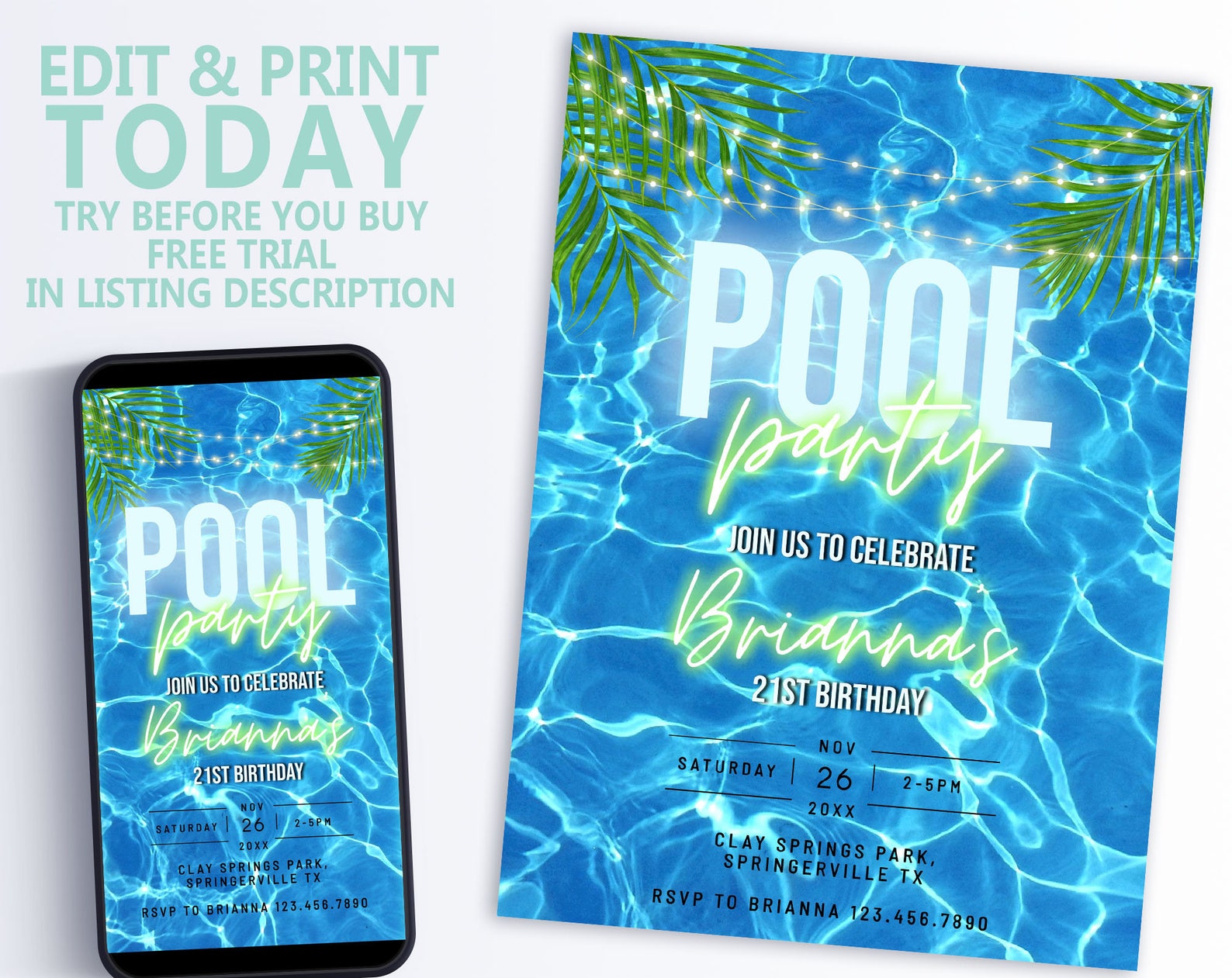 Neon Blue Pool Party Theme Birthday Party Invitation Instant Download ...