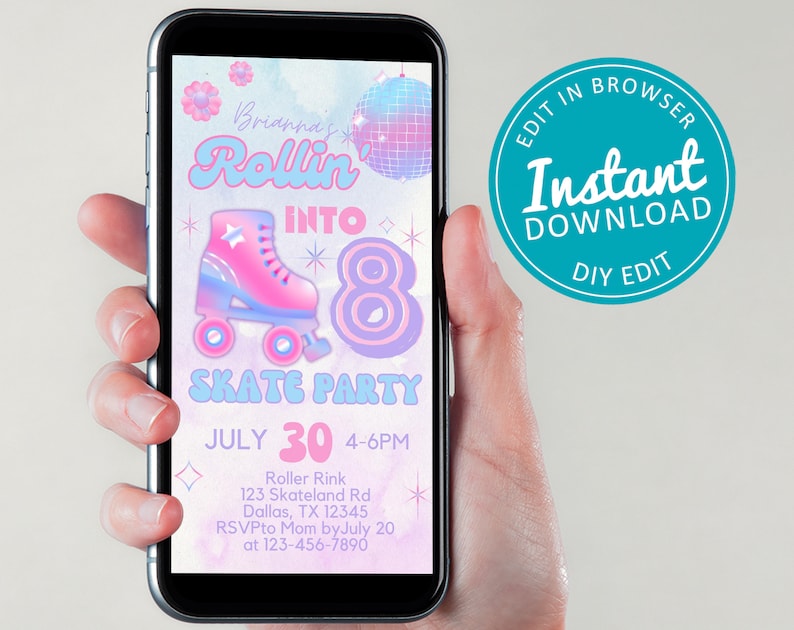 EDITABLE Pastel Skate Party Theme Birthday Party Invitation Instant ...