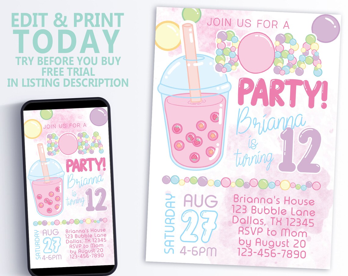EDITABLE Boba Party Invitation Instant Download Image Printable ...