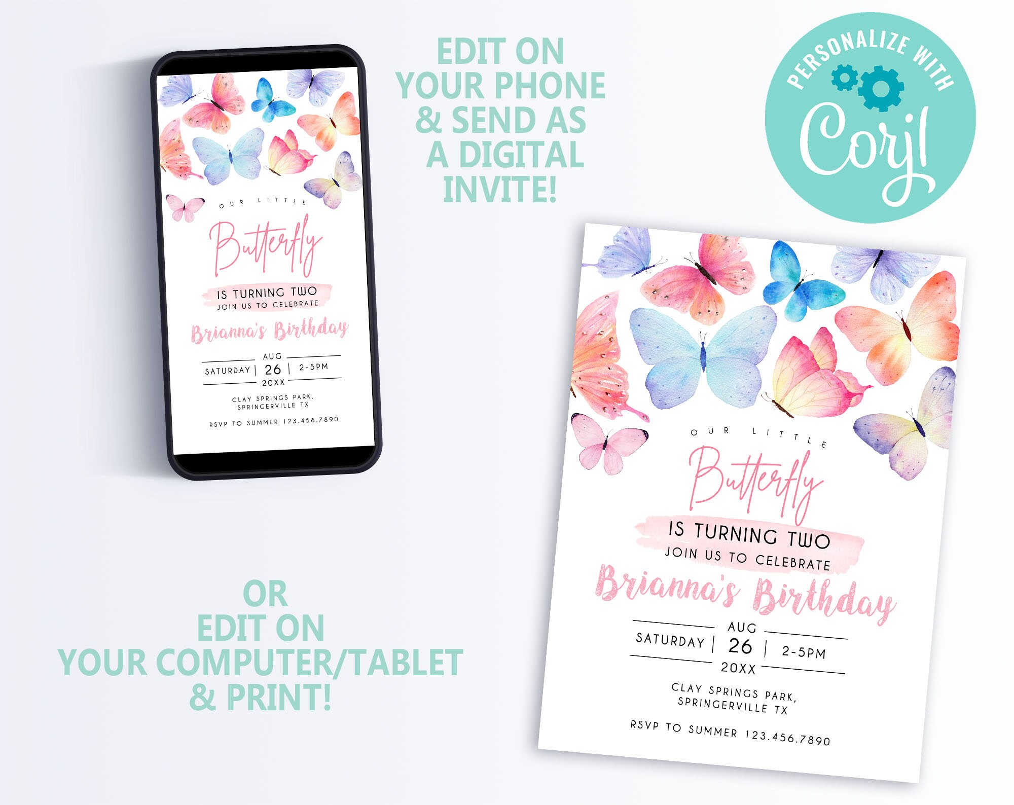 EDITABLE Butterfly Party Theme Birthday Party Invitation Instant ...