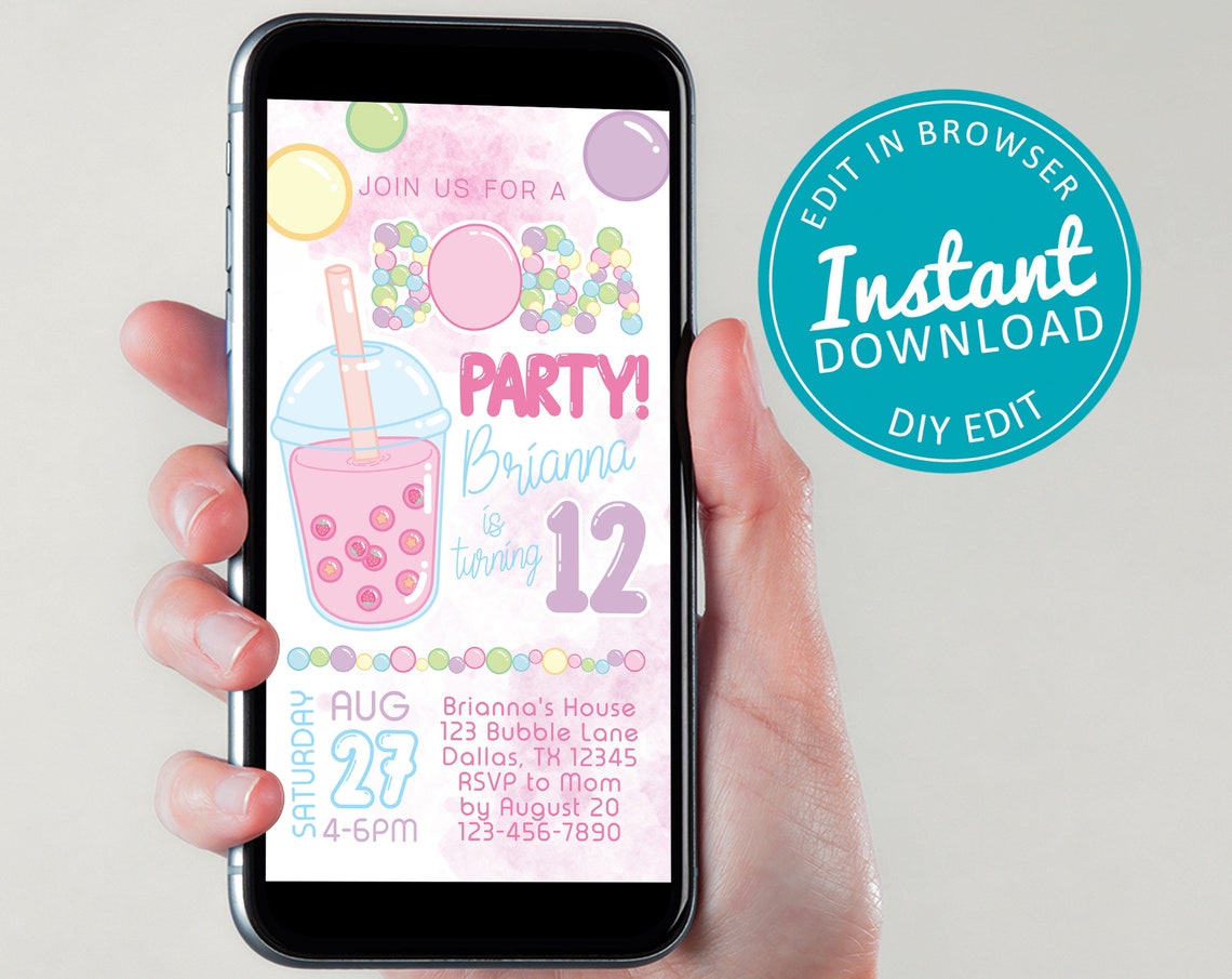 EDITABLE Boba Party Invitation Instant Download Image Printable ...
