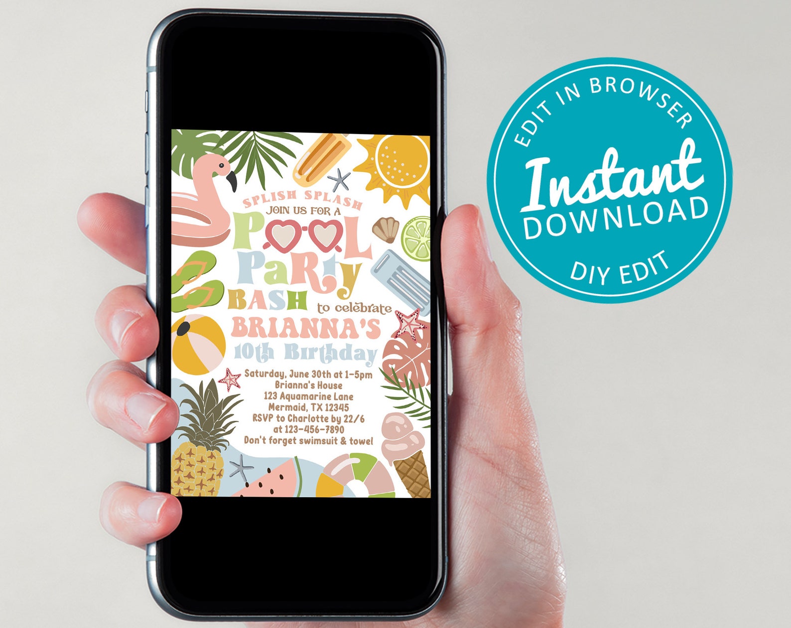 EDITABLE Pool Party Theme Birthday Party Invitation Instant Download ...