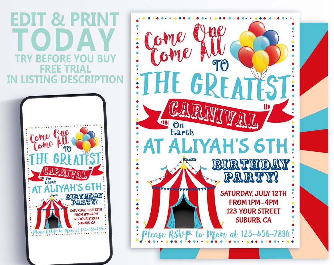 EDITABLE Carnival Circus Invitation Birthday Party Instant Download ...