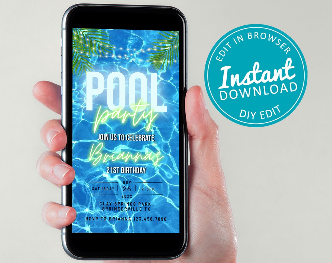 Neon Blue Pool Party Theme Birthday Party Invitation Instant Download ...