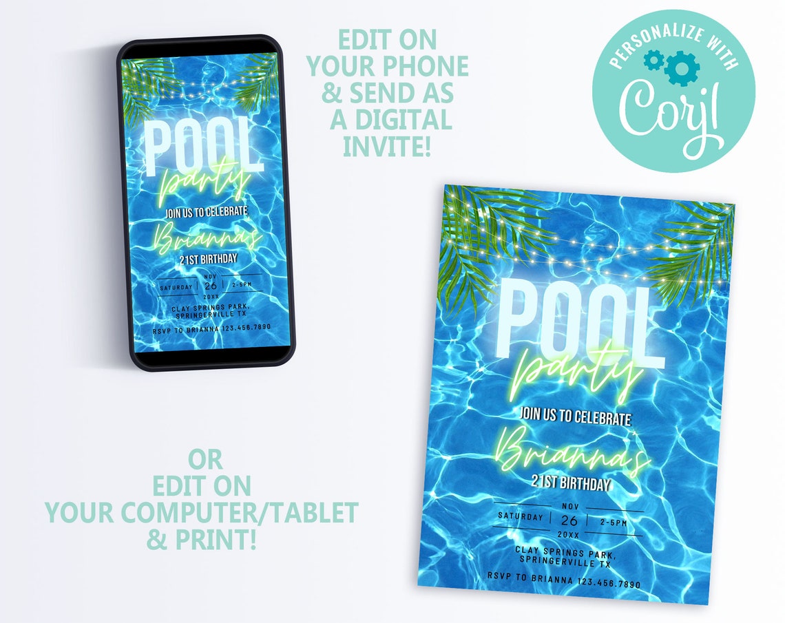 Neon Blue Pool Party Theme Birthday Party Invitation Instant Download ...