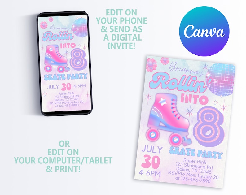 EDITABLE Pastel Skate Party Theme Birthday Party Invitation Instant ...