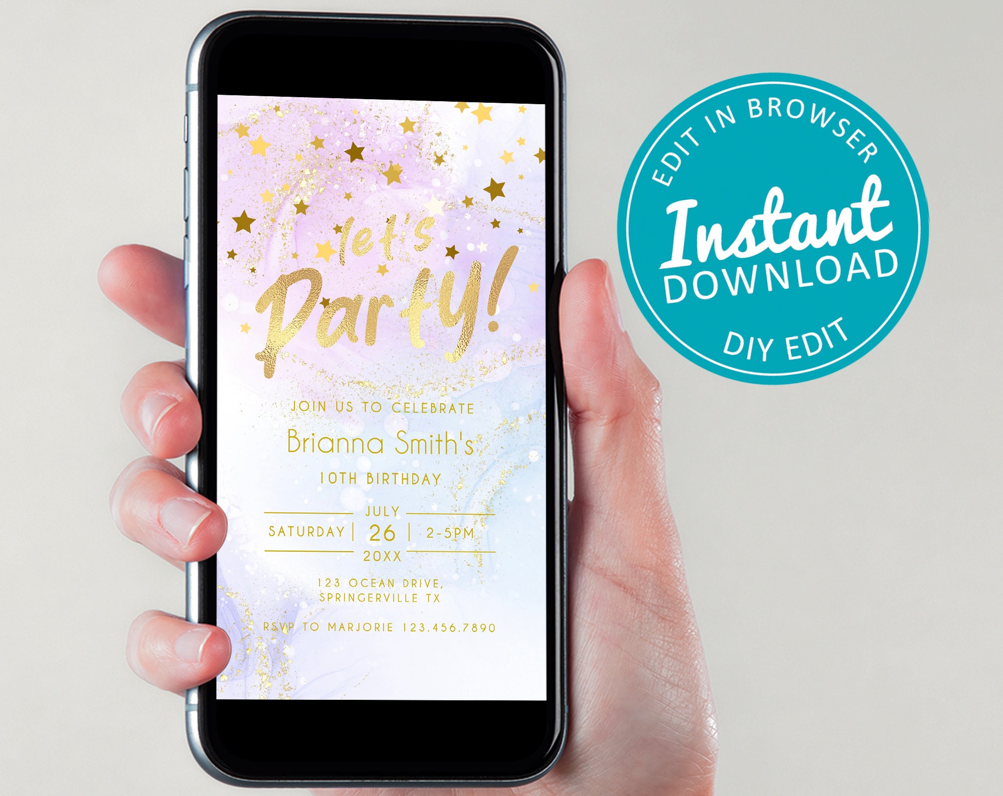 EDITABLE Gold Watercolor Pastel Let's Party Invitation Instant Download ...