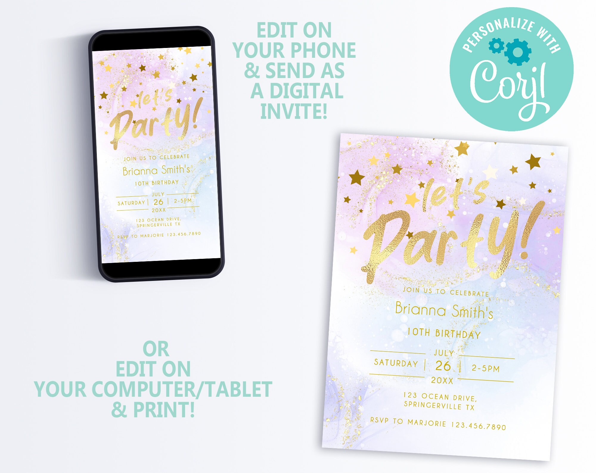 EDITABLE Gold Watercolor Pastel Let's Party Invitation Instant Download ...