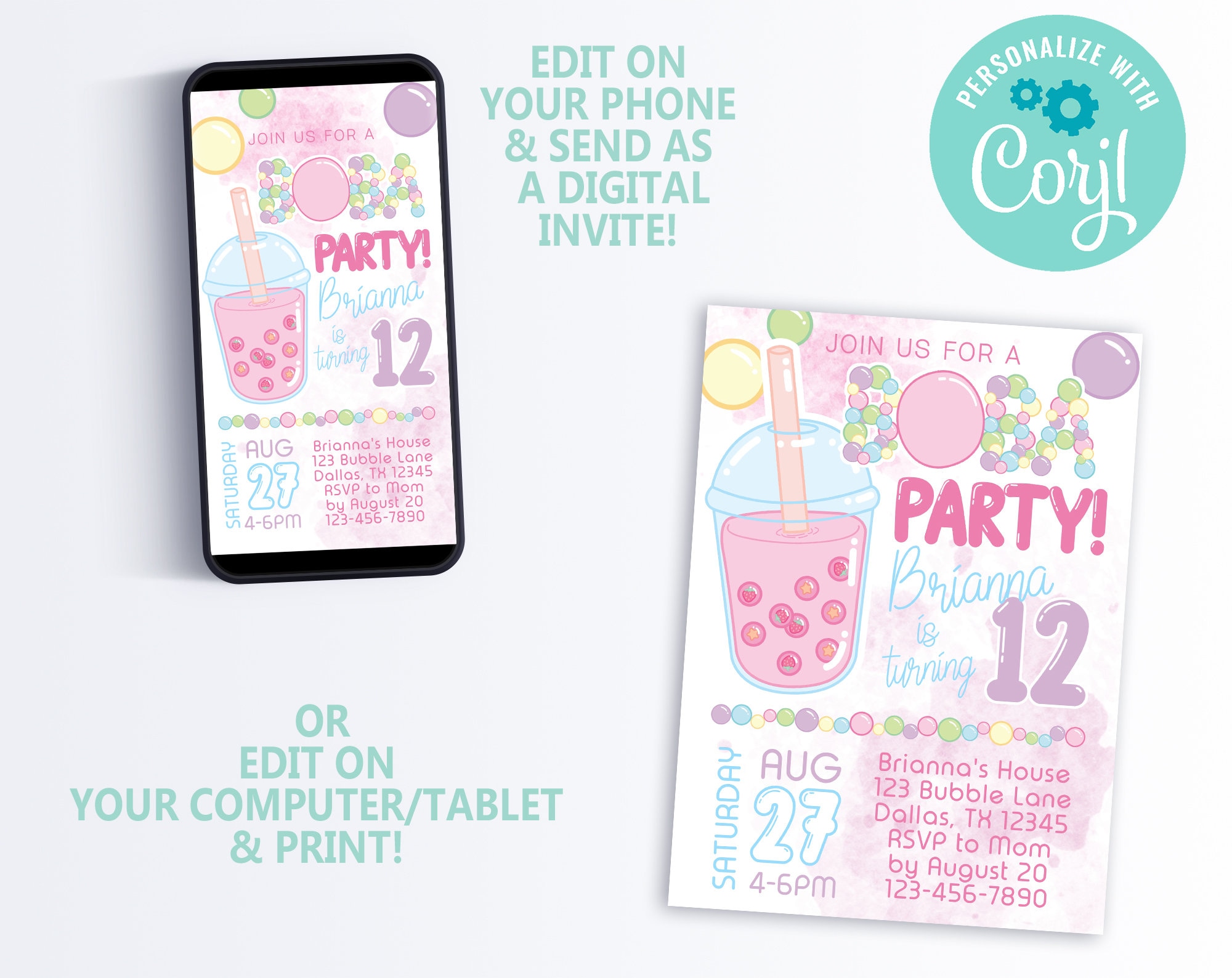 EDITABLE Boba Party Invitation Instant Download Image Printable ...
