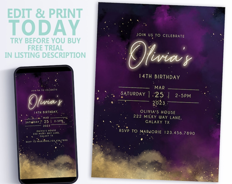 EDITABLE Gold Galaxy Birthday Party Invitation Instant Download Image ...
