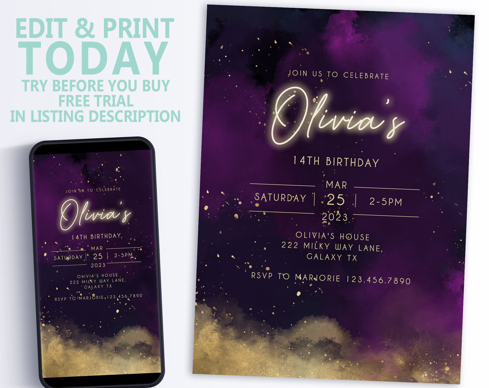 EDITABLE Gold Galaxy Birthday Party Invitation Instant Download Image ...