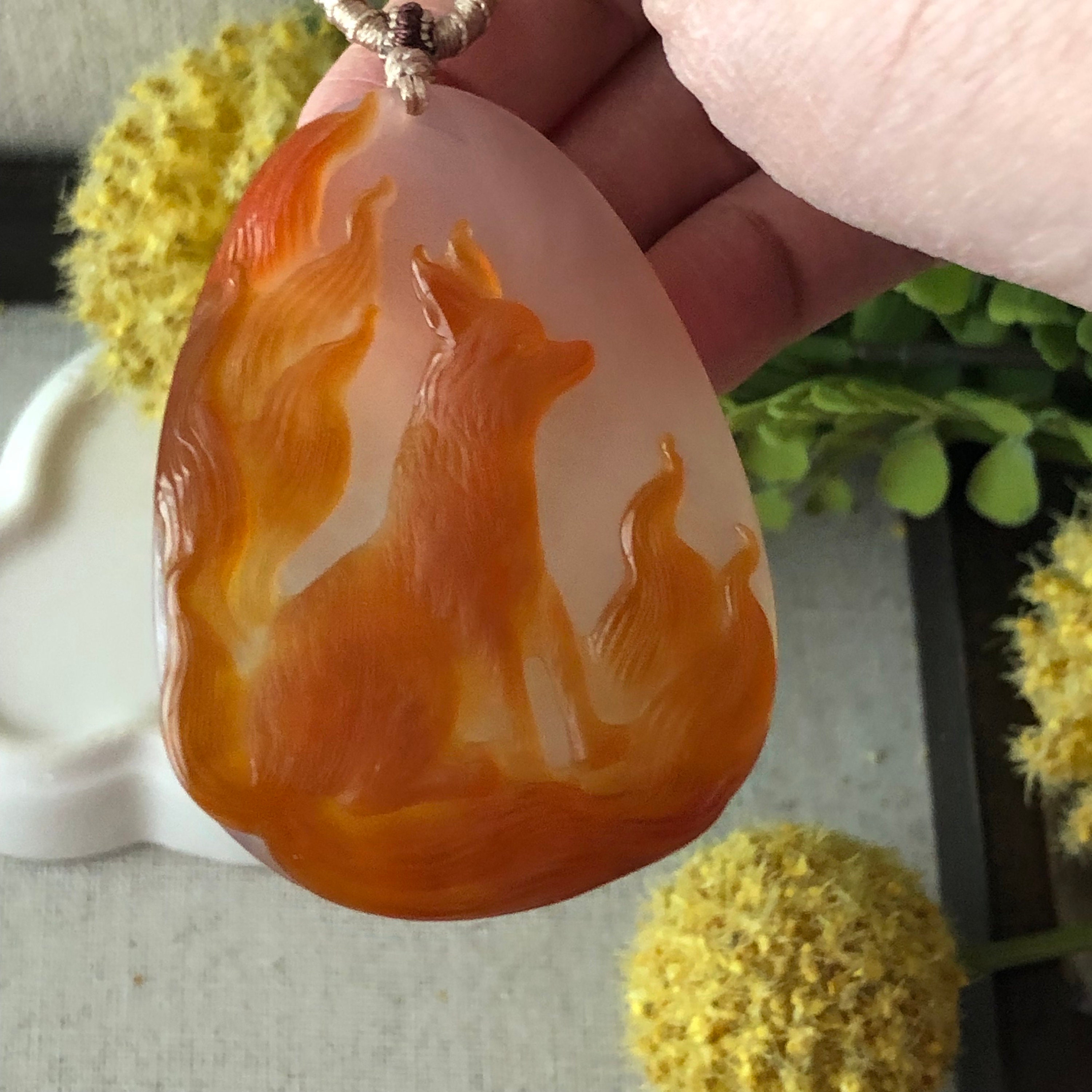 60 Mm High Quality Agate Carved Red Orange Nine Foxtail Kitsune Pendant ...