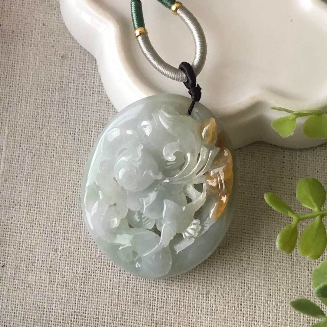 49 Mm Jadeite Jade Icy Tint Green 3D Carved Flower Landscape Scenery ...