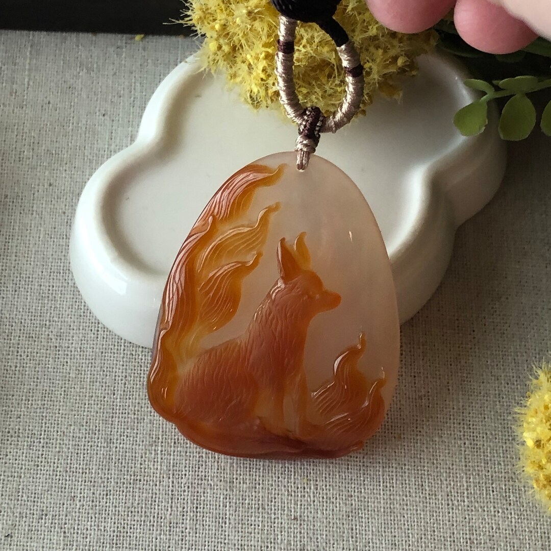 60 Mm High Quality Agate Carved Red Orange Nine Foxtail Kitsune Pendant ...
