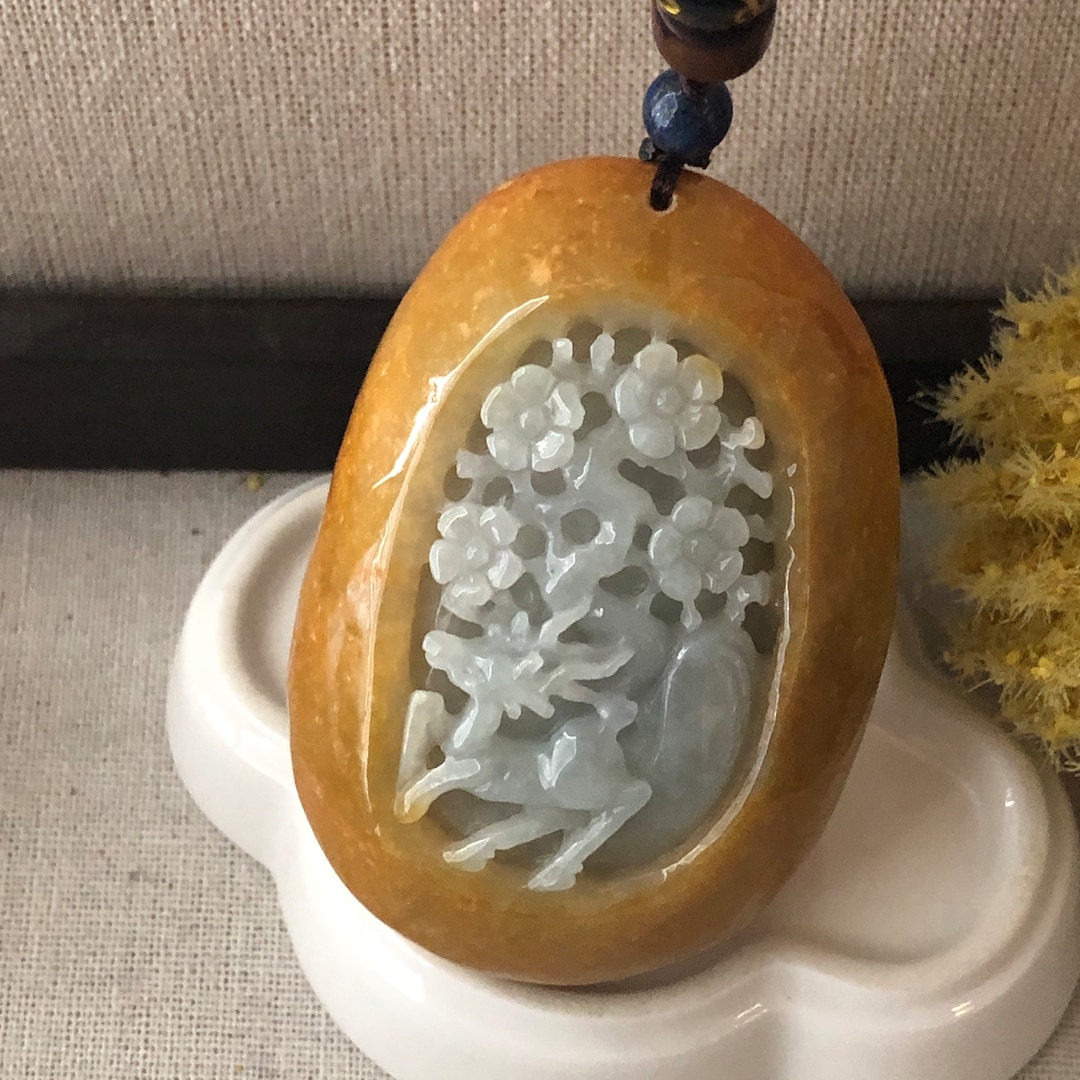 70mm Yellow Brown Jadeite Jade Carved Deer and Flower Display - Etsy
