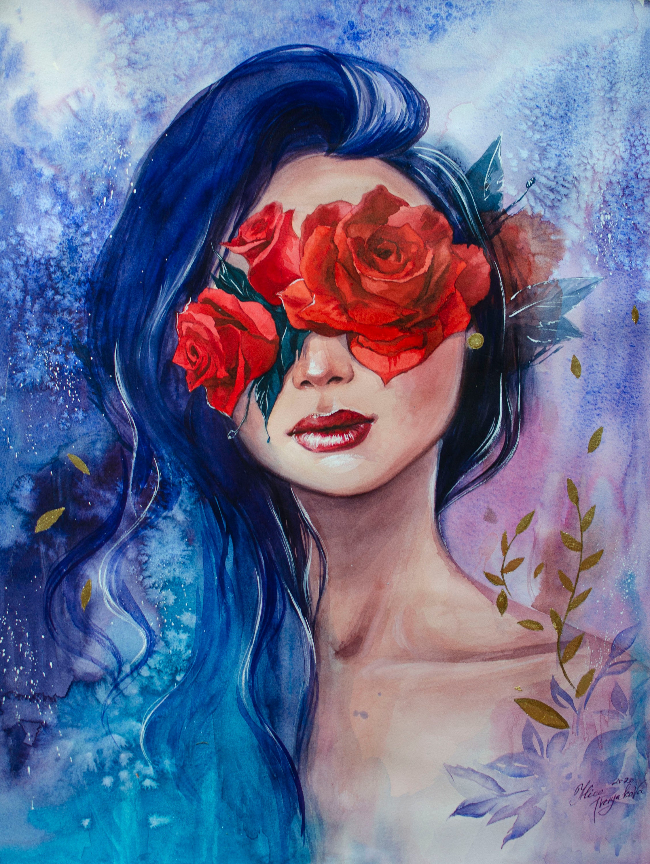 Pintura original de la acuarela Mujer con flores arte de | Etsy