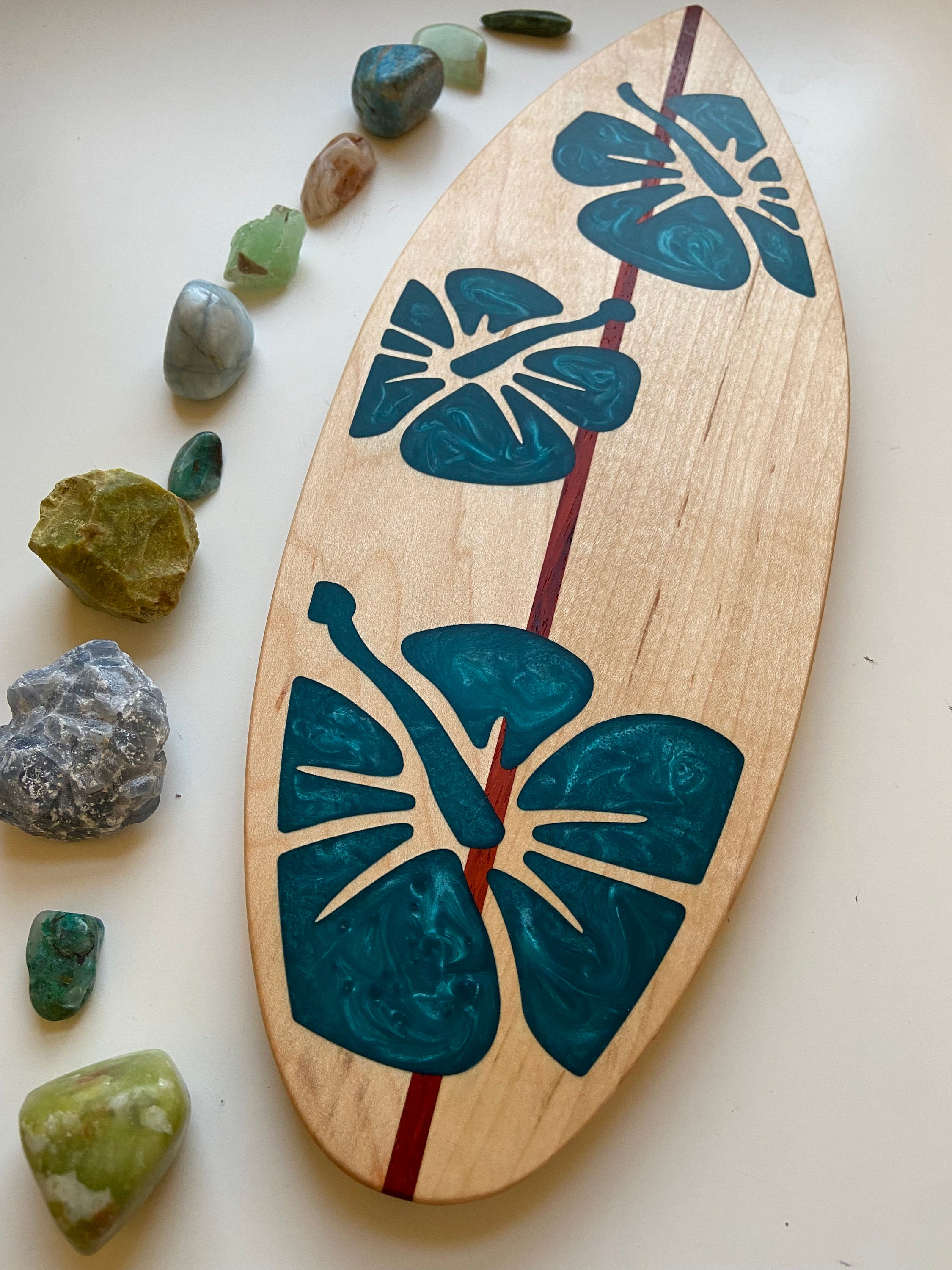 Hawaiian Surfboard Charcuterie Board | Maple Wood, Resin Flower Inlay ...