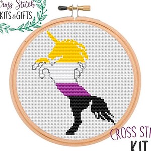 Nonbinary Unicorn Cross Stitch Kit. LGBTQ Cross Stitch. LGBTQ Flag Starter Cross Stitch Kit. Gay ...
