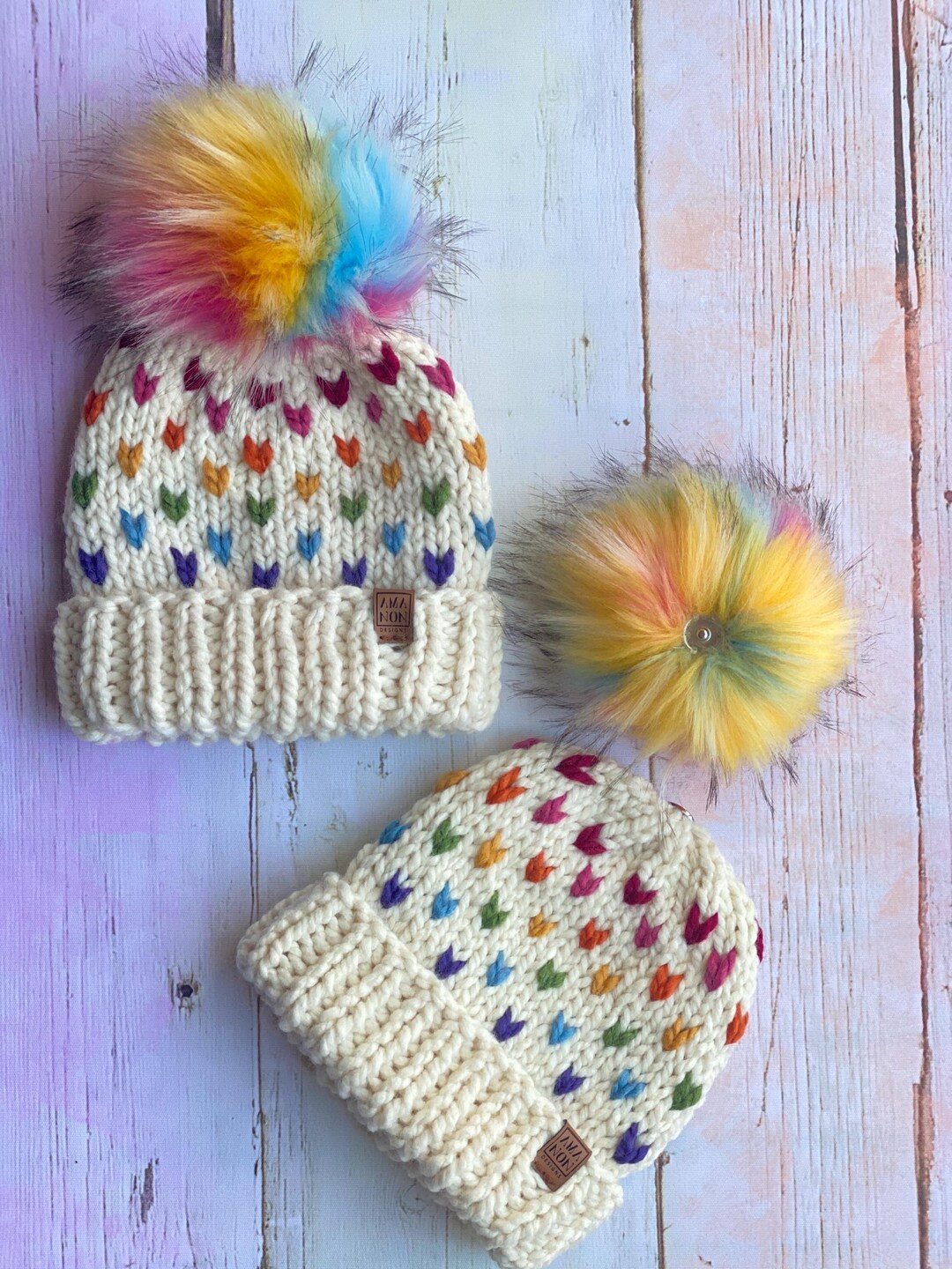 Snap Rainbow Pom Pom. Sewn Snap Faux Fur Rainbow Pom Pom for Double Pom ...