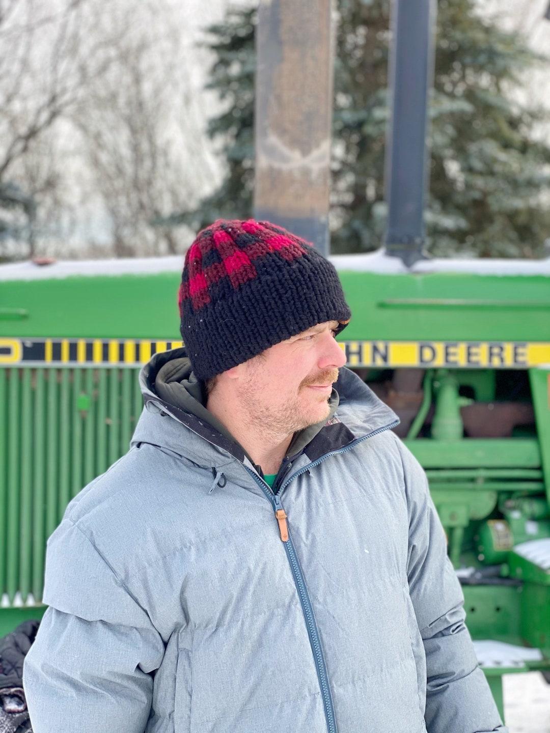 Lumberjack Toque, Double Brim Knitted Red and Black Plaid Hat. - Etsy