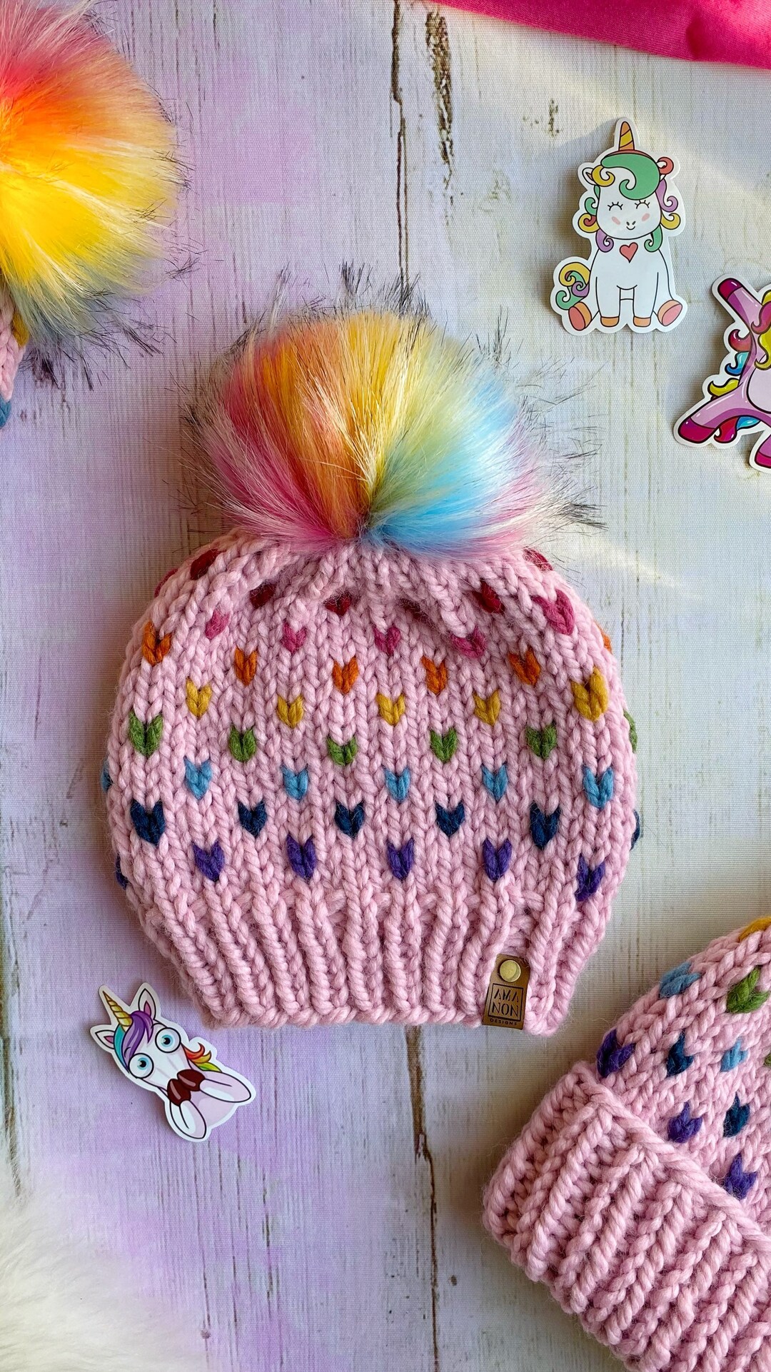 Pink Fairy Unicorn Rainbow Toque With Detachable Rainbow Faux Fur Pom ...