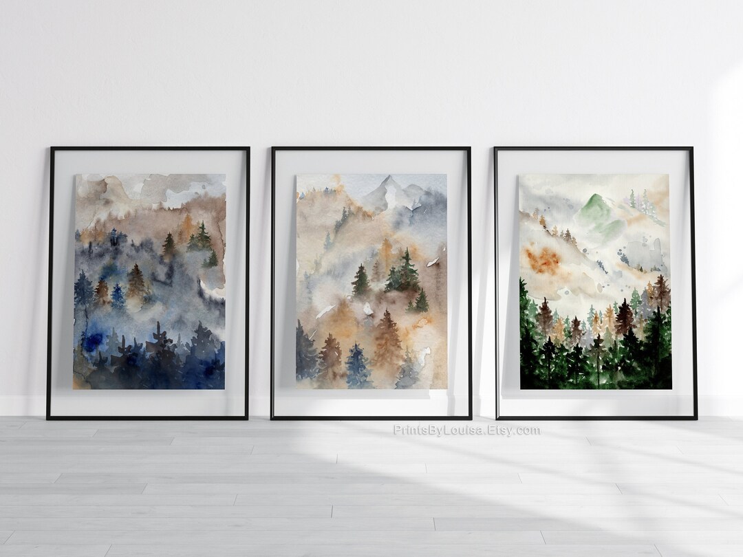 Watercolor Forest Print Set of 3 Nature Landscape Wall Art Abstract ...