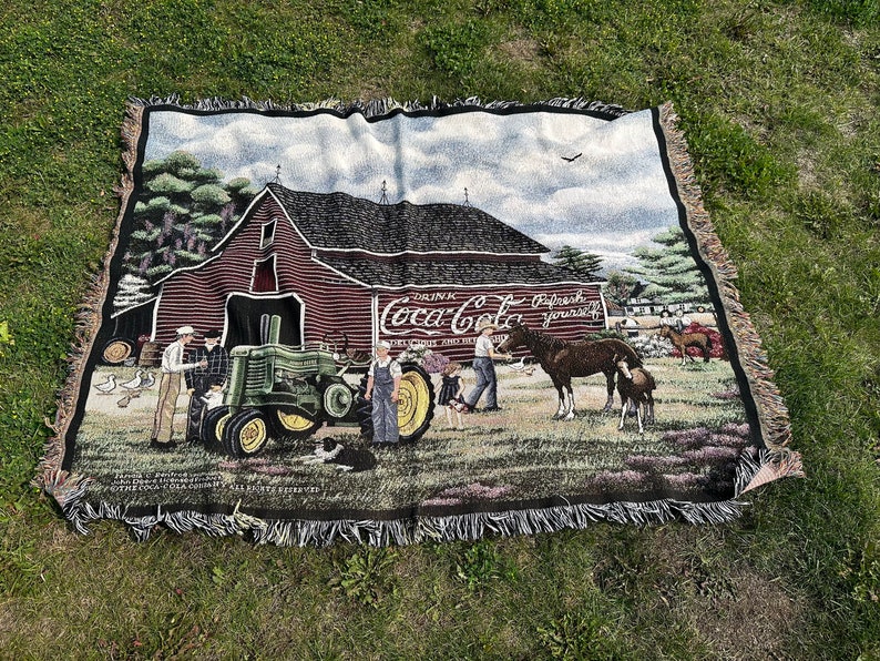 Vintage Coca Cola X John Deere Woven Throw Blanket Tapestry 90s Farm ...