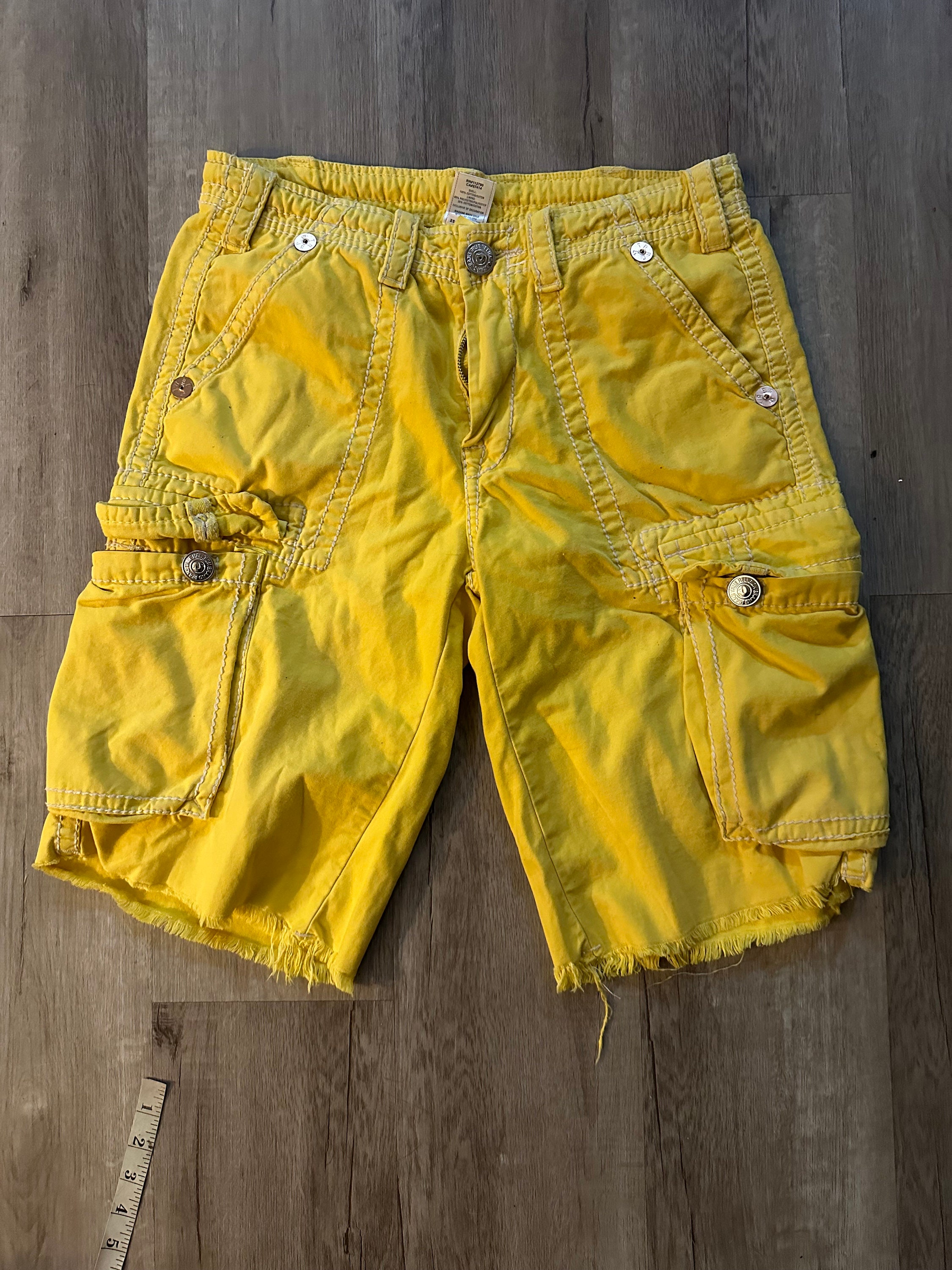 True Religion Jean Shorts Cargo Style Yellow Embroidered Streetwear Hip ...