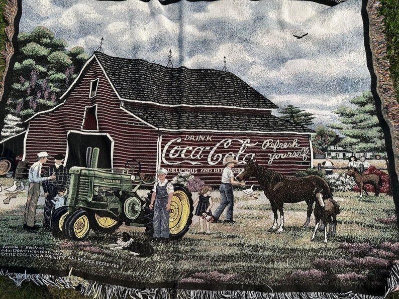Vintage Coca Cola X John Deere Woven Throw Blanket Tapestry 90s Farm ...