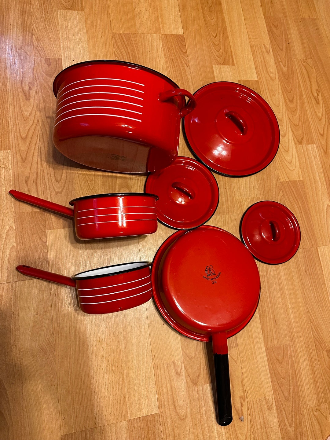 Vintage Made in Poland Enamelware Cooking Set 7 Piece Frying Pan, Sauce ...