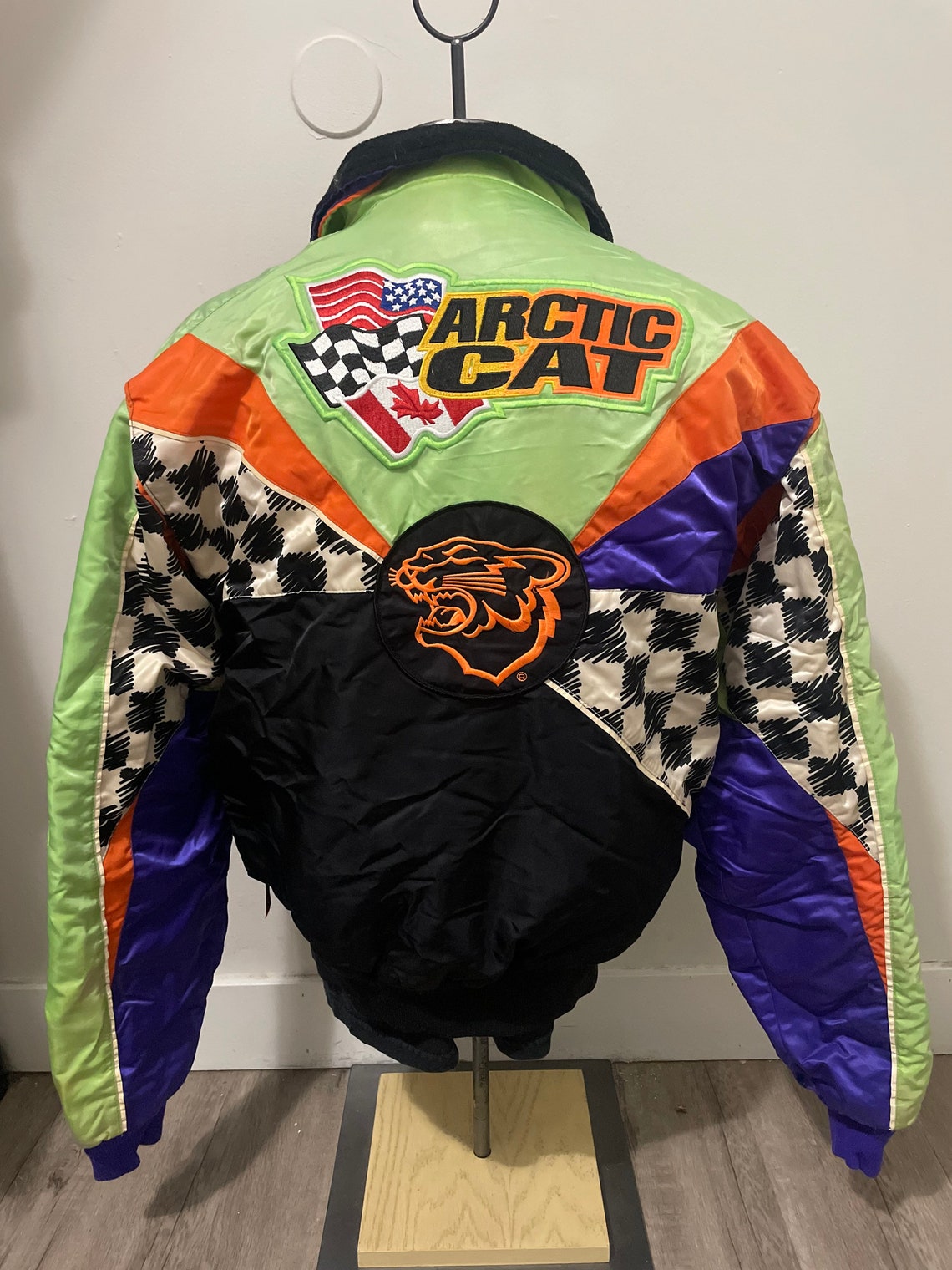 Vintage Team Arctic Cat Jacket Checkered Flag Neon 90s Snowmobile Grail ...