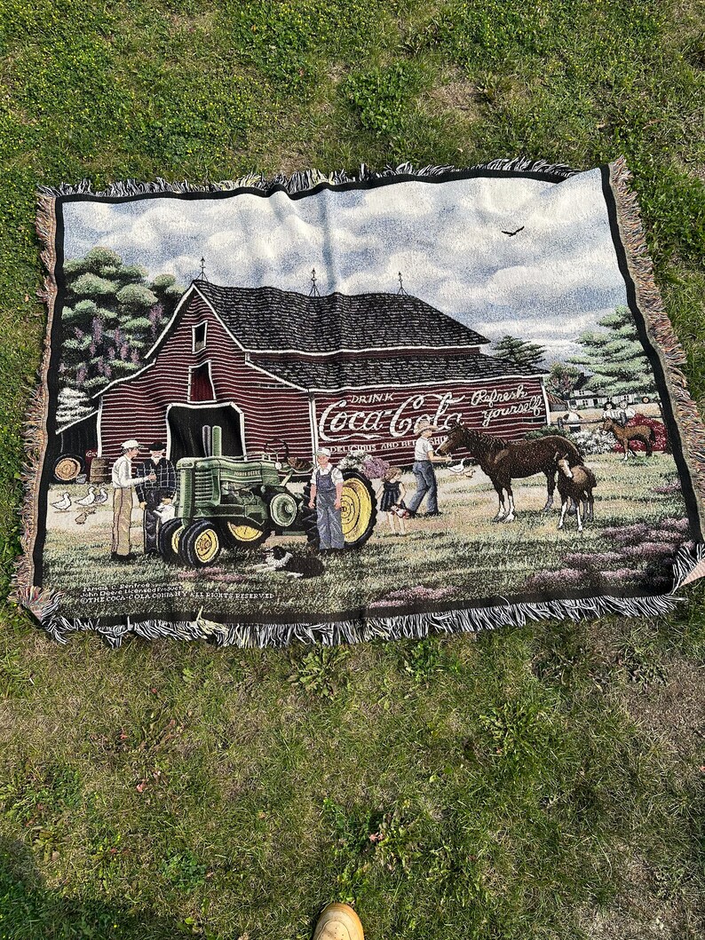 Vintage Coca Cola X John Deere Woven Throw Blanket Tapestry 90s Farm ...