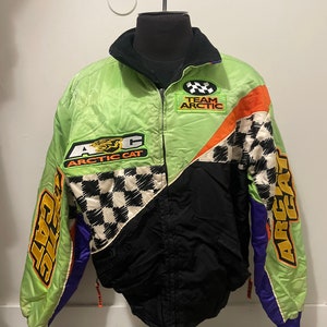 Vintage Team Arctic Cat Jacket Checkered Flag Neon 90s Snowmobile Grail ...
