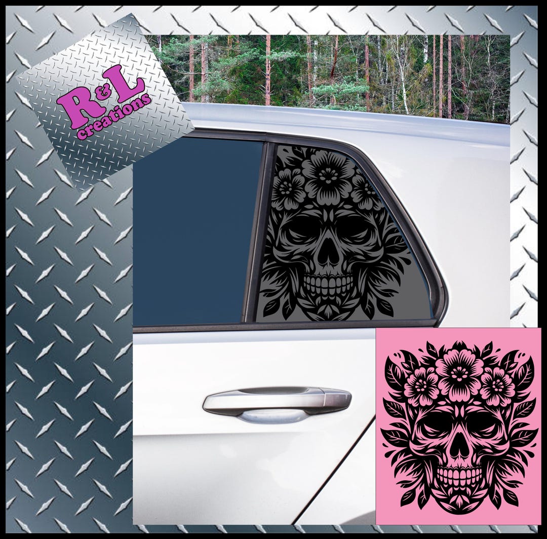 Floral Skull Quarter Side Window Decal, Flower Skull Window, Skull ...