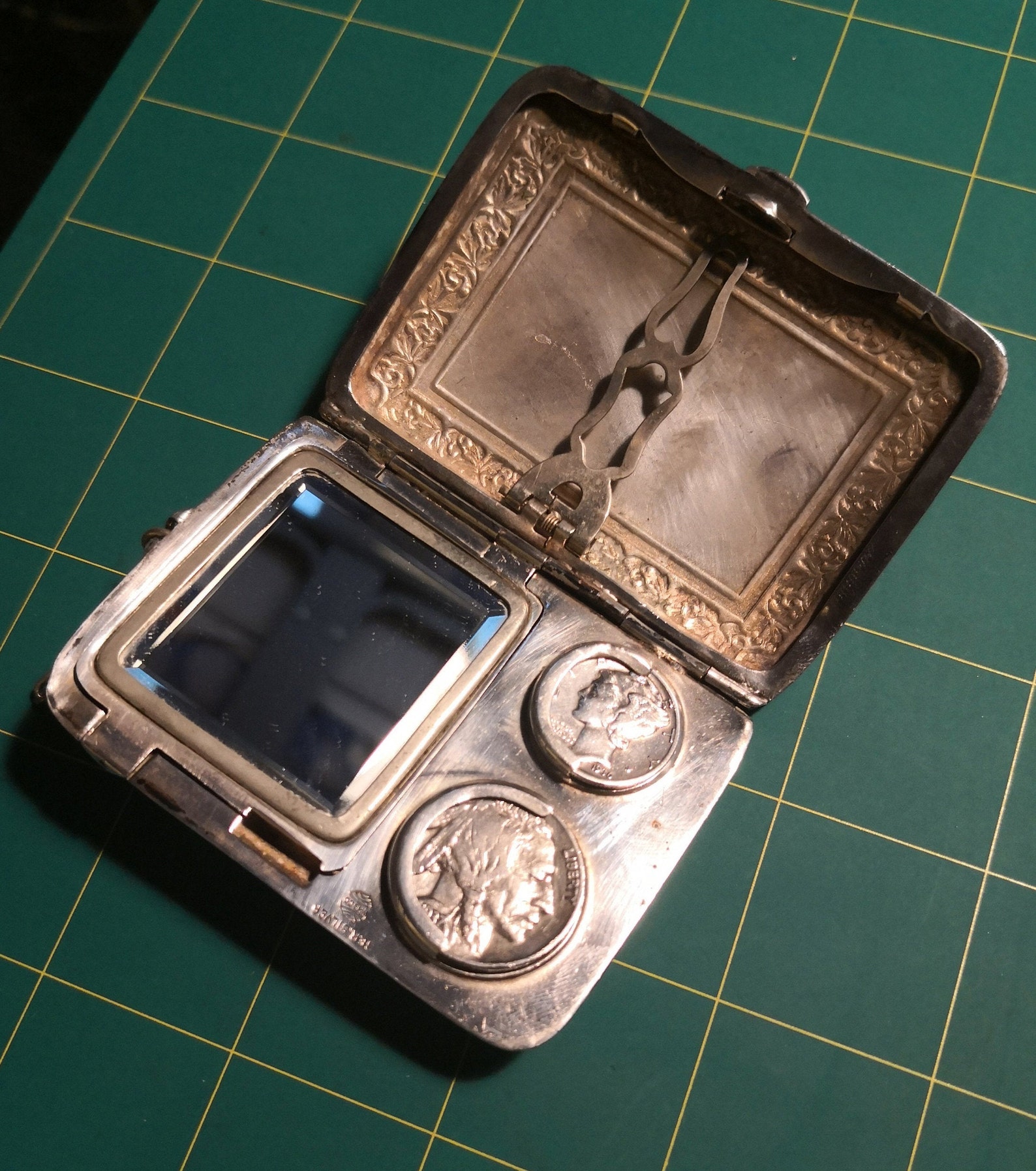 Antique Sterling Silver Super Heavy Rare Coin Holder and Makeup Compact ...