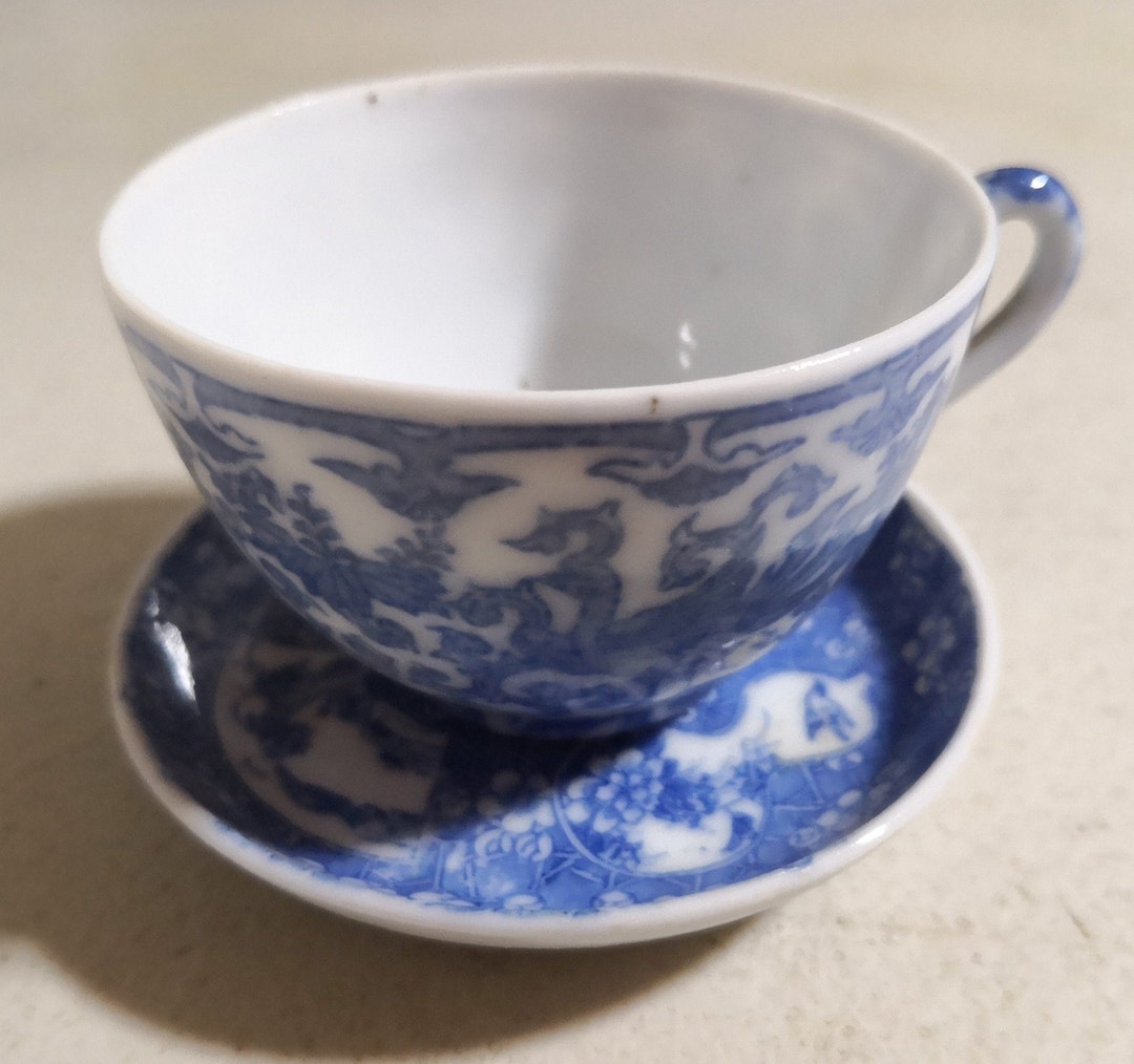 Vintage 1930s Qinghua Flower Pattern Porcelain Cup Set -- 6908 - Etsy