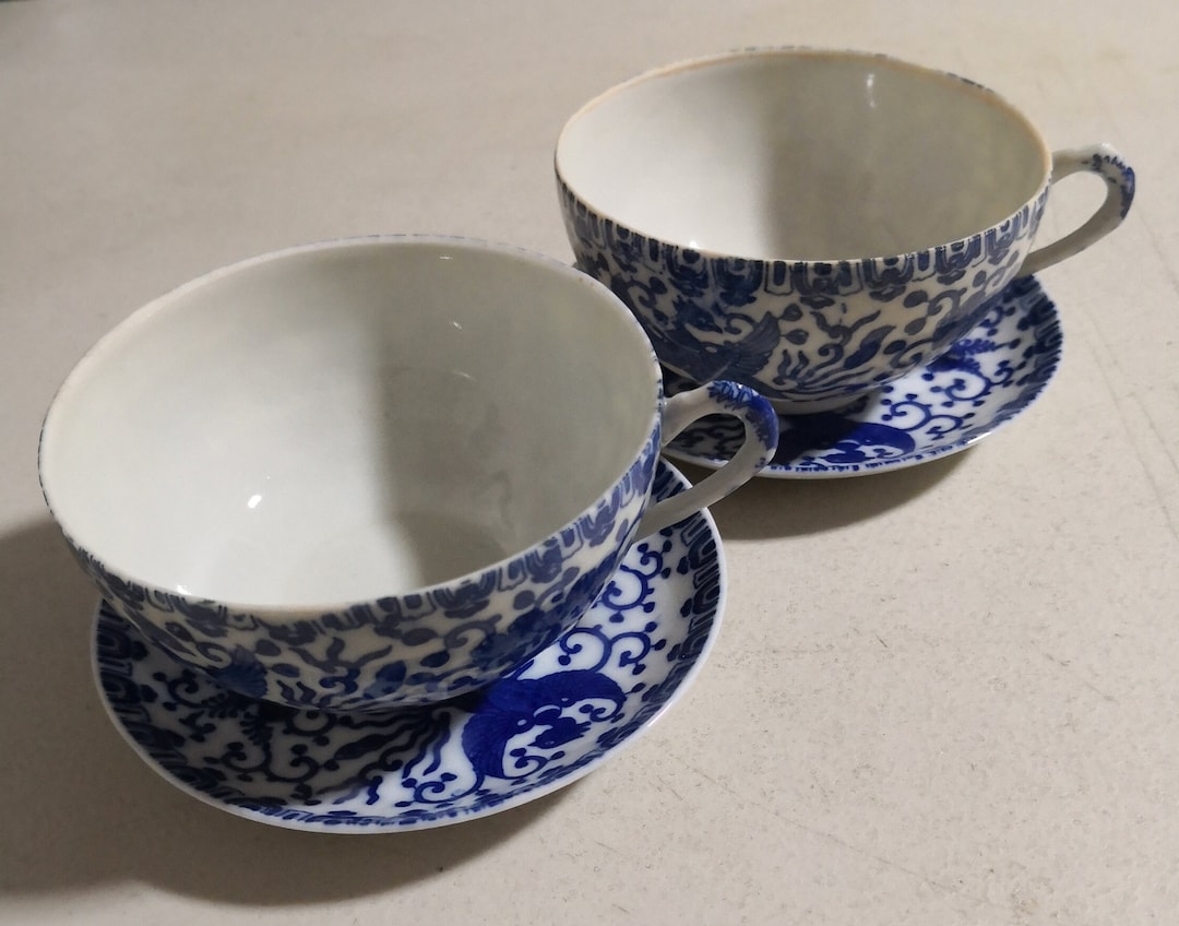 Vintage 1930s Qinghua Flower Pattern Porcelain Cup Set of 2 Made in ...
