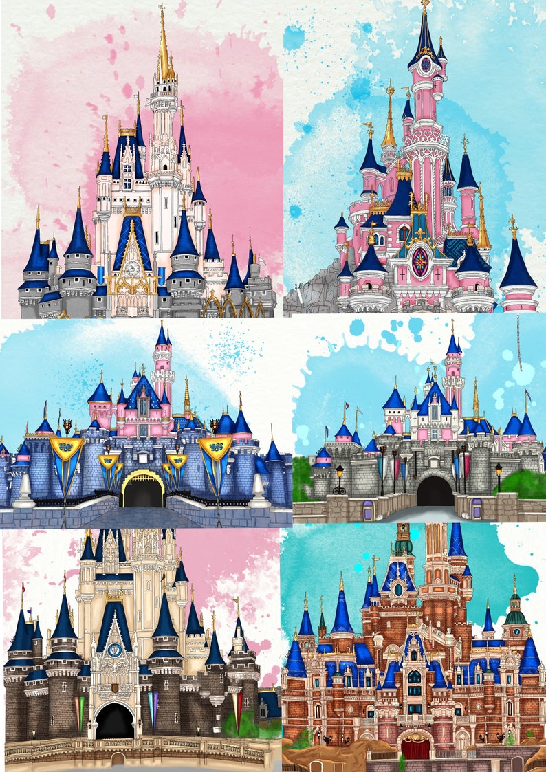 Disney Castle Bundle Set of 6 Disney Art Illustration - Etsy